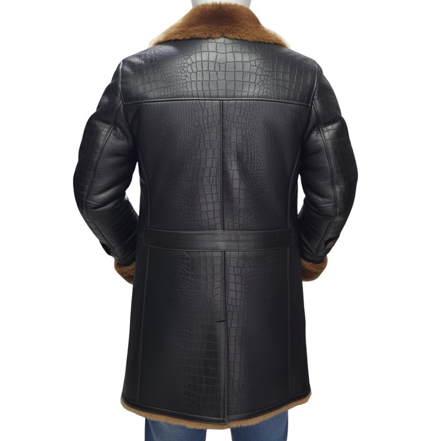 Griffin Double Breasted Black Croc Print Shearling Overcoat – Lusso Leather